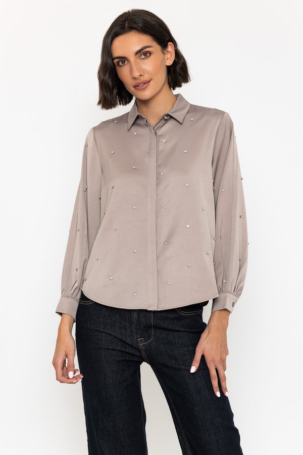 Taupe Diamante Stud Shirt | Ladies Tops & Blouses – Carraig Donn