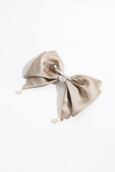 Beige Satin Pearl Bow Hair Clip | Hair Accessories | Carraig Donn