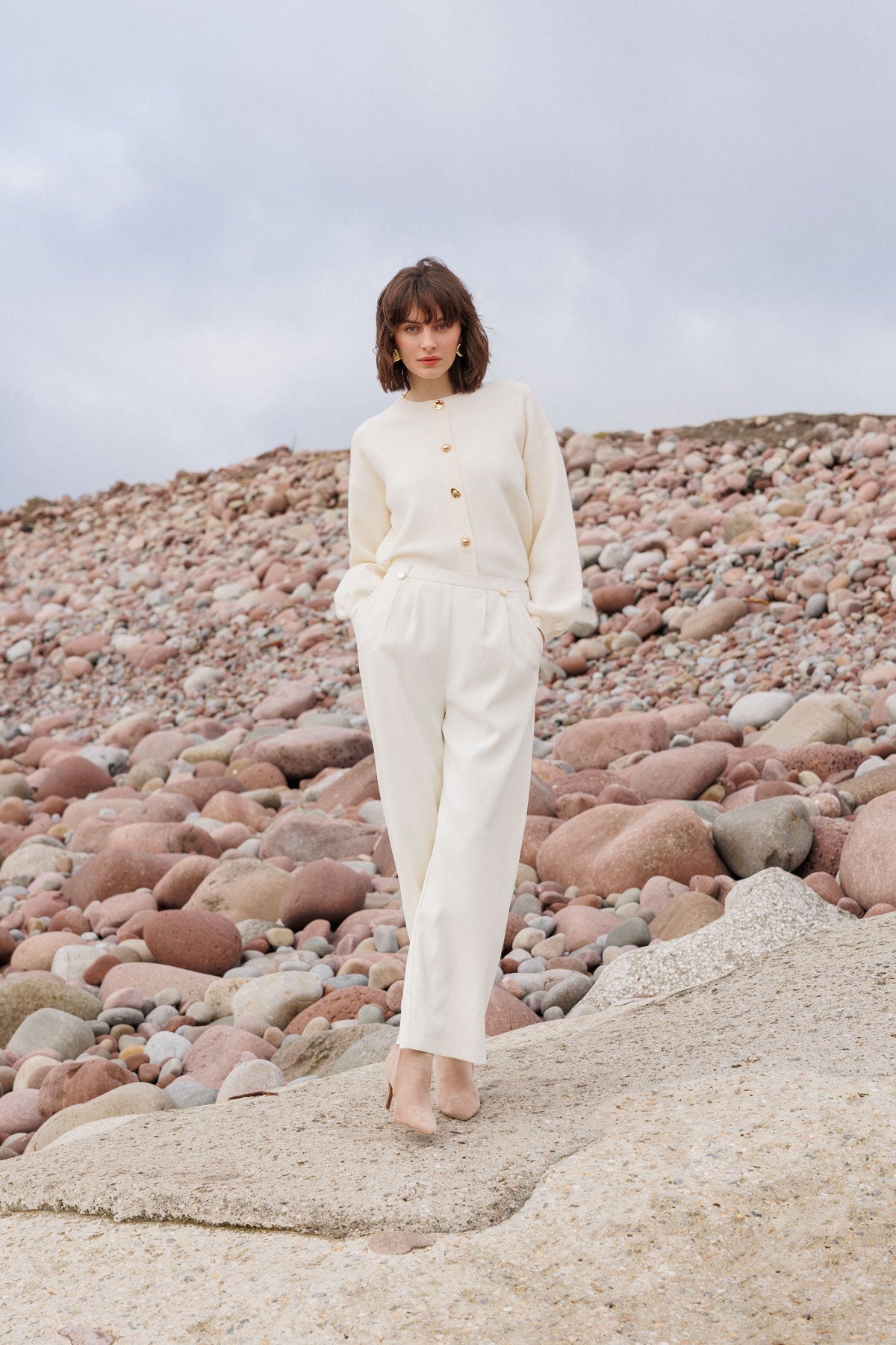 Cream High-Waist Trousers with Gold Buttons | Ladies Trousers – Carraig ...