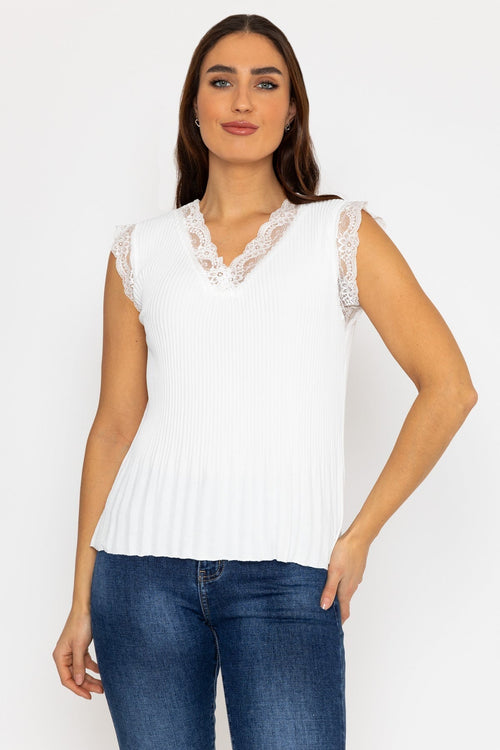 Ecru Sleeveless Lace Trim Pleat Top | Ladies Tops – Carraig Donn