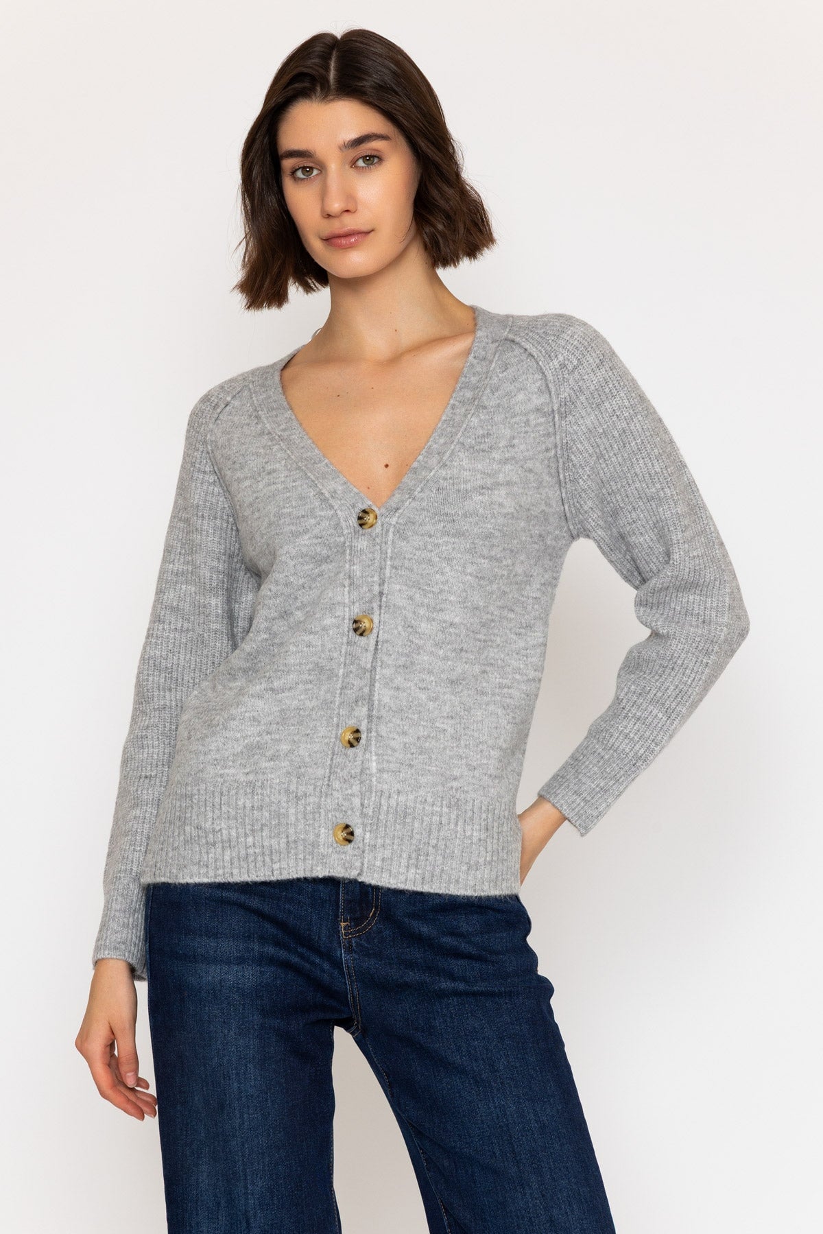 Grey Cardigan with Ribbed Sleeves | Ladies Knitwear – Carraig Donn