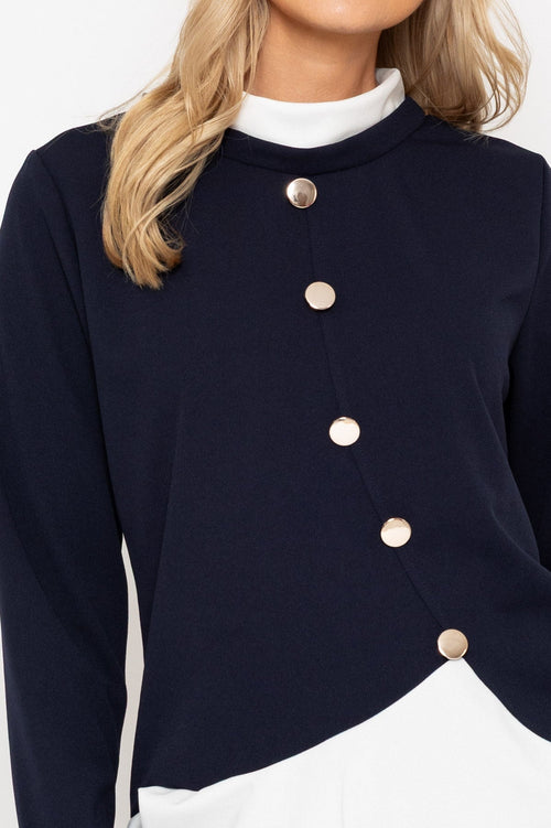 Navy Button Detail Contrast Top | Ladies Fashion | Carraig Donn