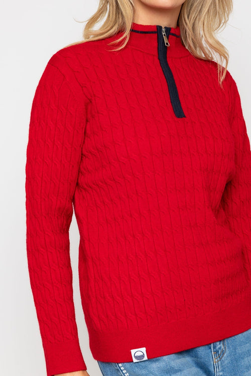 Red Cable Knit Half Zip Sweater | Ladies Fashion | Carraig Donn
