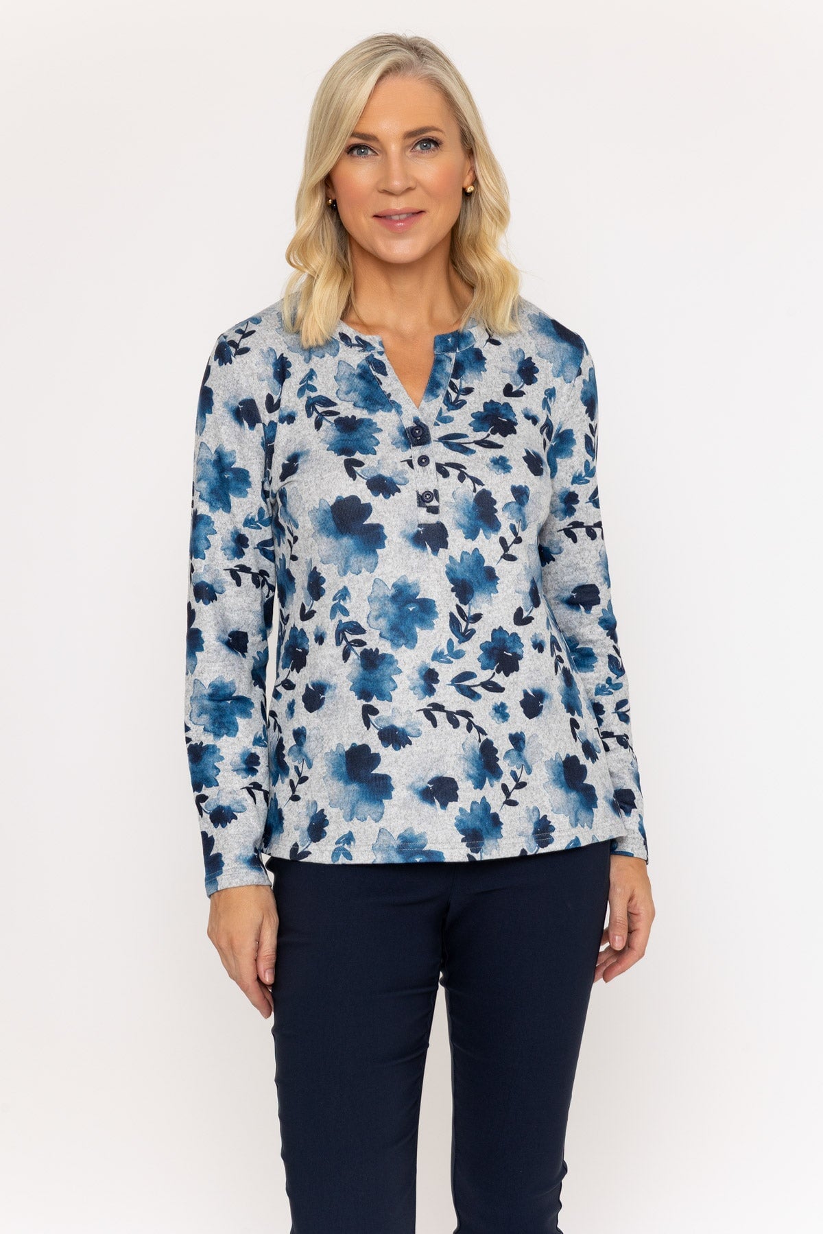 Warm Handle Blue Print Top | Ladies Fashion | Carraig Donn