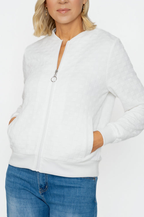 White Textured Jersey Bomber Jacket | Ladies Fashion | Carraig Donn